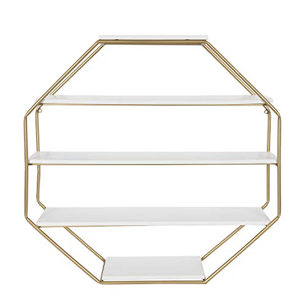 Kate and Laurel Lintz Large Modern Octagon Floating Wall Shelves with Metal Frame, Gold and White