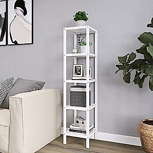 SMIBUY Bathroom Storage Shelf, 5-Tier Bamboo Rack Organizer, Multifunctional Shelving Unit for Living Room Bedroom Kitchen (White)