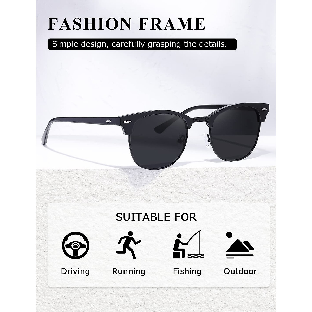 AEVOGUE Polarized Sunglasses For Women And Men Semi Rimless Frame Retro Sun Glasses AE0369 (All Black)