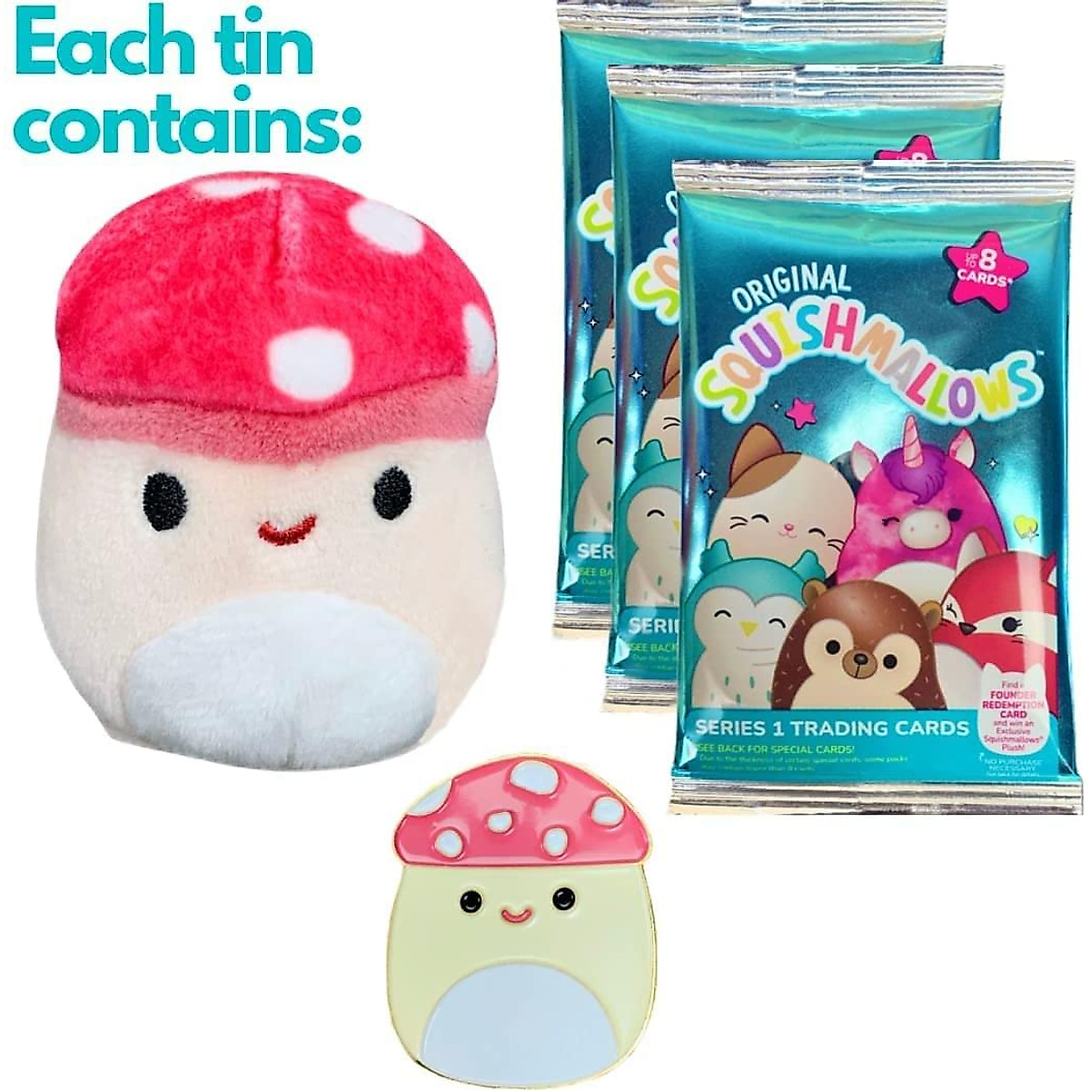 Squishmallows Official Kellytoy Collectors Tin Set with Micromallow Exclusive Pin and Trading Cads Choose Your Favorite or Collect Them All (Malcom The Mushroom)
