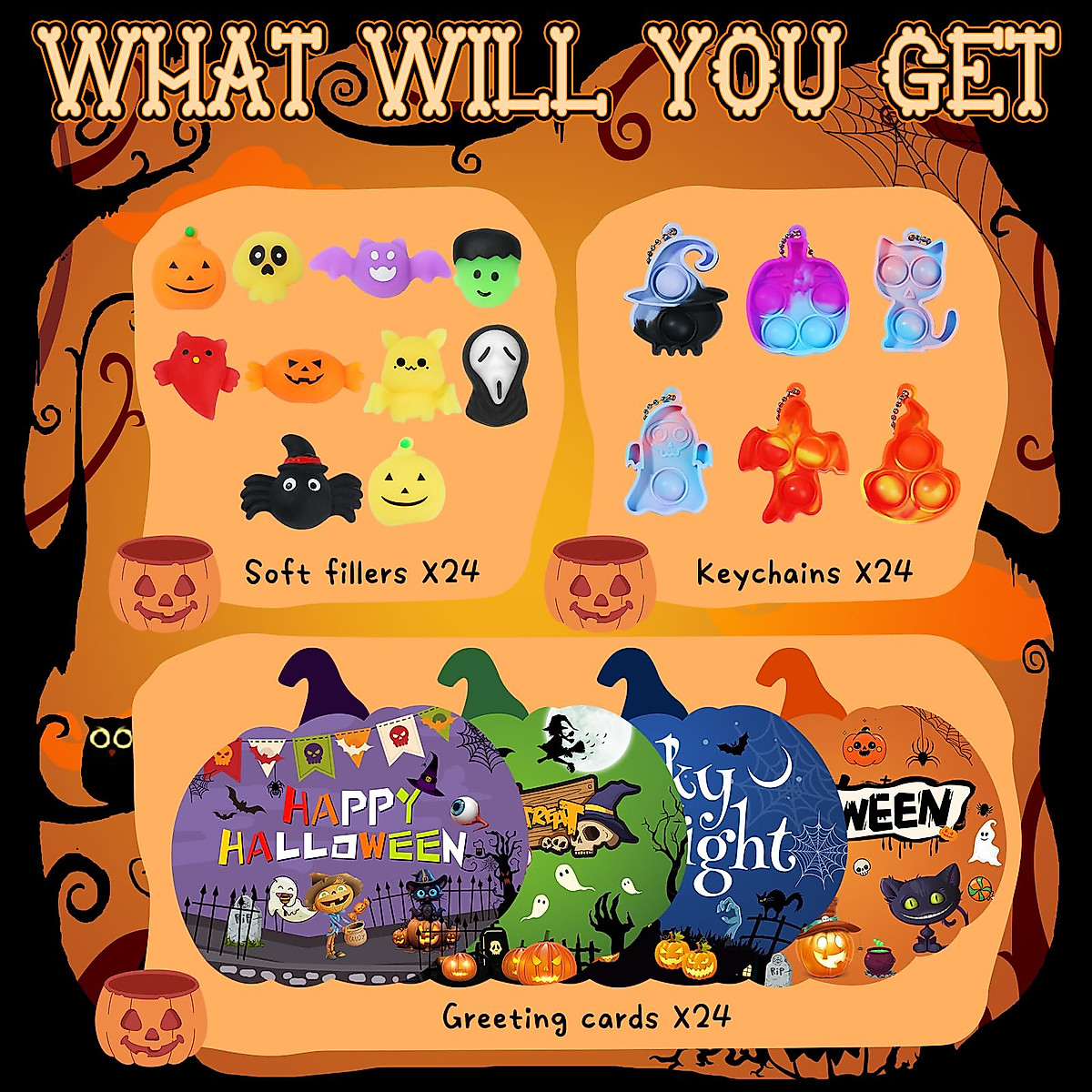 72Pcs Halloween Party Favors for Kids Boys Girls, 24Pack Bulk Toys Gift Include Squishies Pop Keychain Cards Treat Goodie Bag Stuffers Classroom Rewards Treasure Box Prize Carnival Decoration Supplies
