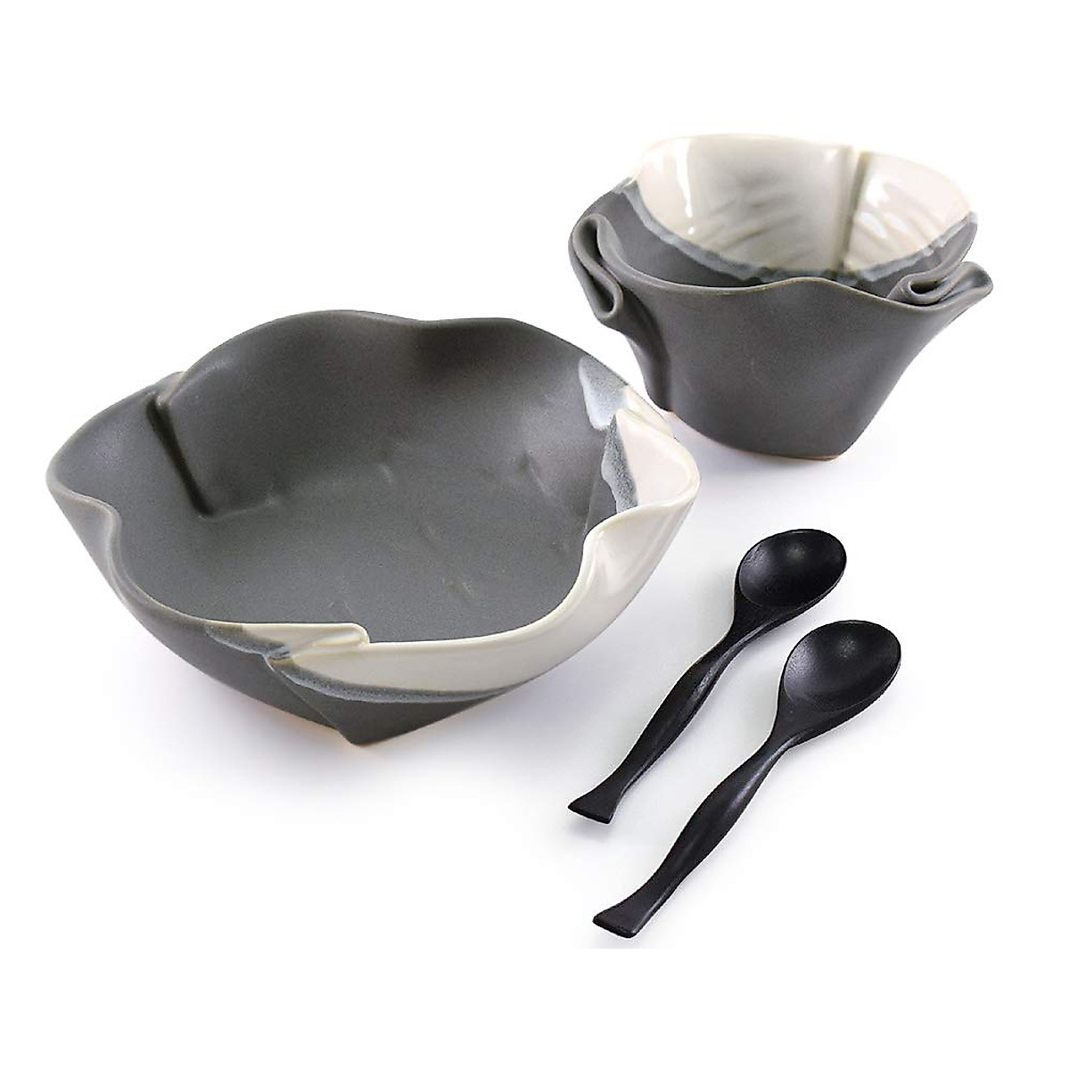 Contemporary Twist Salad and Soup Bowl Set in Grey/White, Handmade Pottery