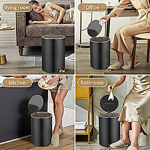 Trash Can with Lid, 8L/2Gallon Bathroom Garbage Can with Foot Pedal, Stainless Steel Step Trash Bin for Bedroom, Toilet, Kitchen, Round Waste Basket with Soft Close Lid for Office, Metal Garbage Bin(Black)