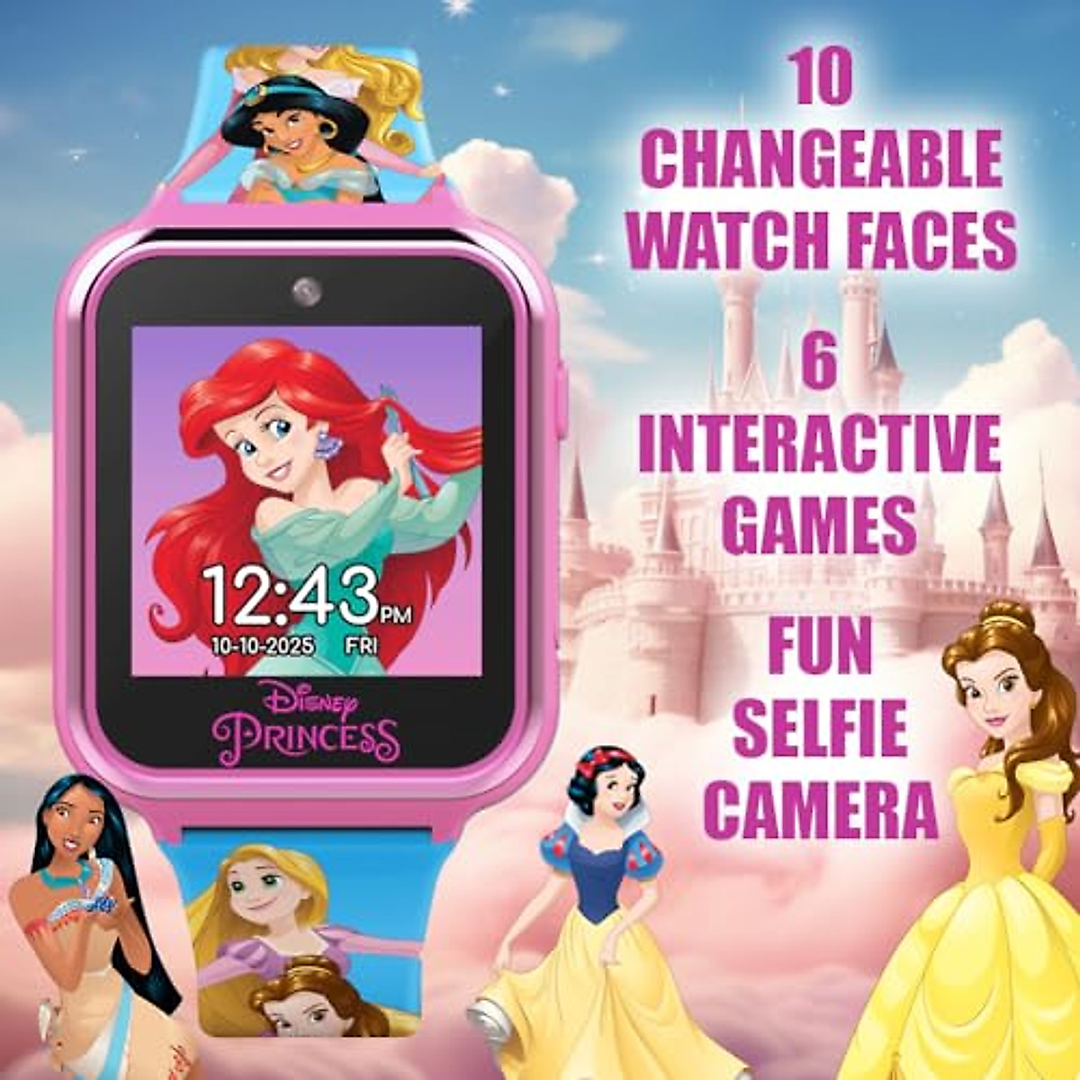 Accutime Disney's Princess Kids' Touchscreen Interactive Smartwatch, Built in Selfie-Camera, Easy-to-Buckle Strap, Model: PN4258AZ