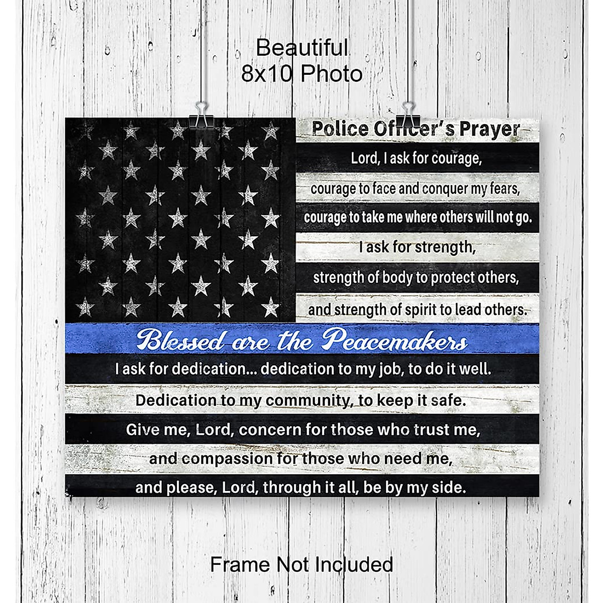 Police Officers Prayer Wall Art Print - Inspirational Religious Patriotic Thin Blue Line American Flag - Patriotic Gift for Cops, First Responders, Law Enforcement - Home or Room Decor Poster