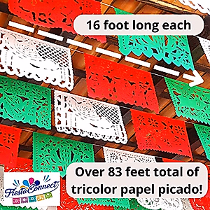 Mexican Independence Day Party Banners Tri-color (Red, green and white), Papel Picado for Fiestas Patrias 83 feet total, Pre assembled on string for easy hanging