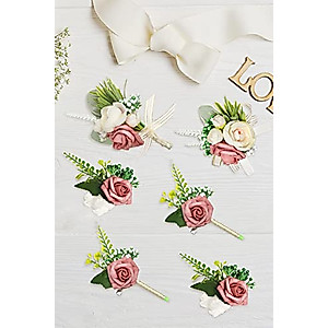 Wedding Wrist Corsage and Boutonniere Set of 6, Dusty Rose Artificial Wristlet Band Flowers for Bride and Bridesmaids, Boutonniere with Pin for Groom and Groomsman, Formal Dress Accessories for Prom