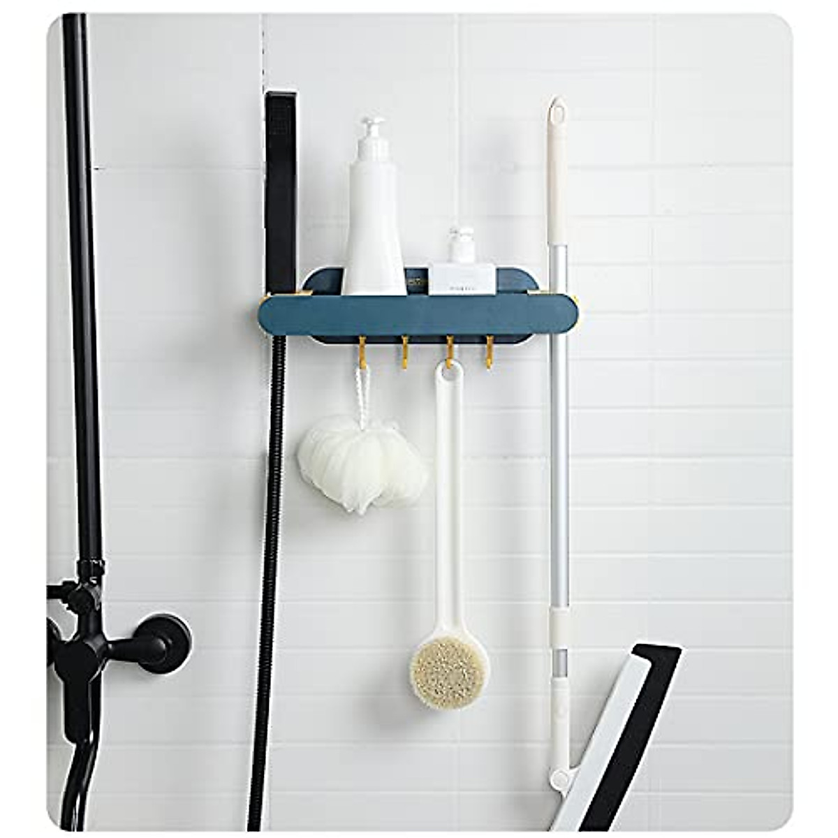 NRAPOOB Mop And Broom Holder Wall Mount, Bathroom Shelves Wall Mounted, Broom Organizer Holds Self Adhesive No Drilling Super Anti-Slip, Broom and Dustpan Hanger for Home, Kitchen
