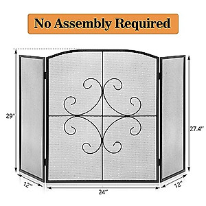 Gtongoko 3 Panel Fireplace Screen 48" W x 29" H Wrought Iron Decorative Fire Spark Guard Grate for Living Room Home Decor - Black