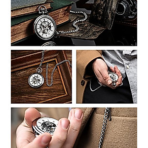 Stuhrling Original Men's Pocket Watch Stainless Steel Analog Skeleton Watch Hand Wind Mechanical Movement Stainless Steel Chain