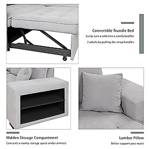 P PURLOVE Sectional Sofa with Pull-Out Sleeper Sofa Bed, Reversible Sectional Sofa with Storage Chaise and 2 Stools, L Shaped Couch Set for Living Room Apartment, Gray