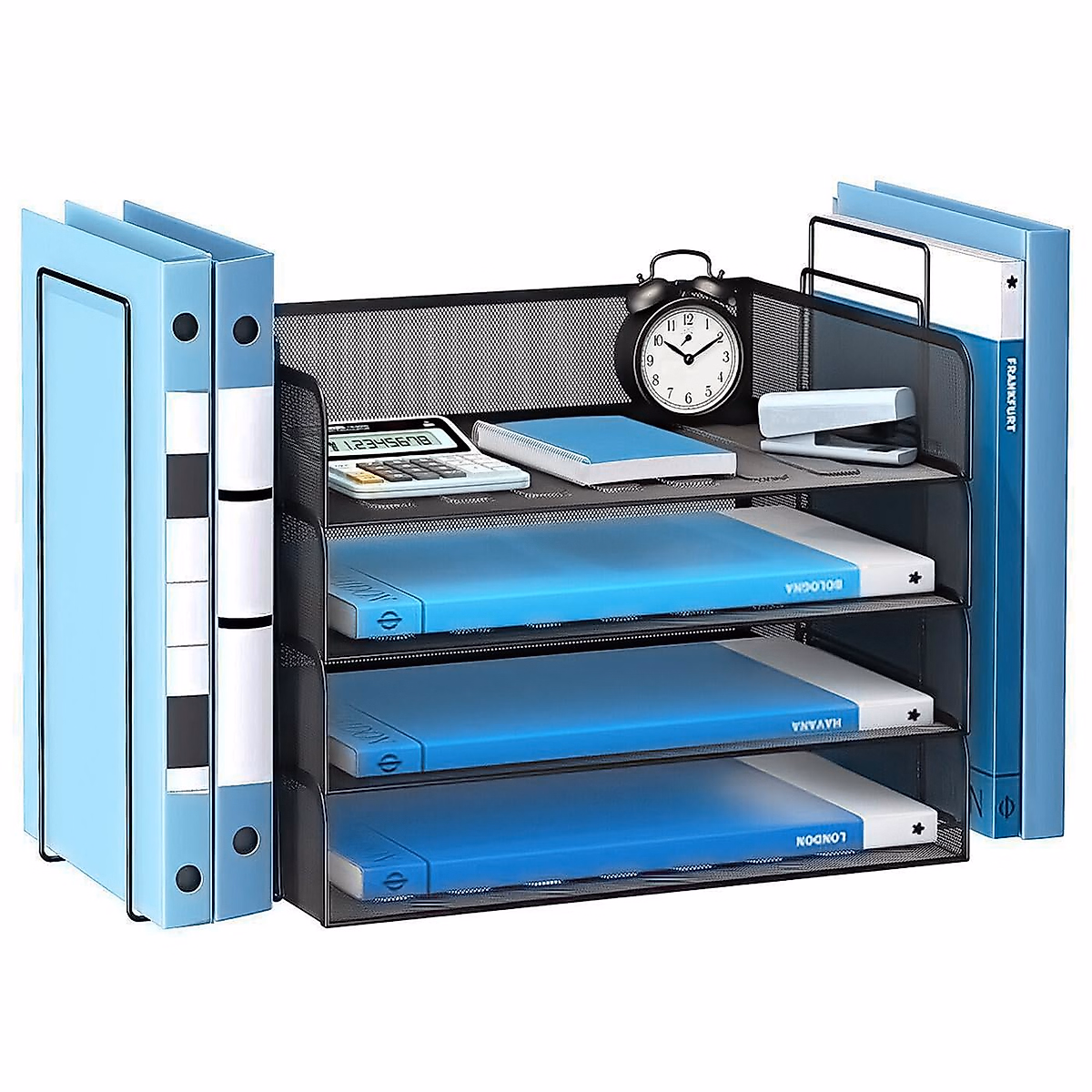 LUCYCAZ Desk Organizer with File Holder - File Organizer for Desk, 4 Tier Desktop Organizer Stackable Paper Letter Tray with Magazine Holder, Mesh Desk Paper Storage for Office, School, Home, Black