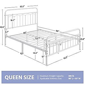 Yaheetech Queen Size Metal Bed Frame with Vintage Headboard and Footboard, Farmhouse Metal Platform Bed, Heavy Duty Steel Slat Support, Ample Under-Bed Storage, No Box Spring Needed, White