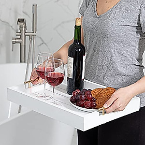 White Serving Tray with Gold Handles by Cozy Décor - Premium Decorative Trays - Coffee Table Trays for Living Room - Large Ottoman Tray -Tv Trays for Breakfast in Bed -17-Inch Wooden Tray for Ottoman