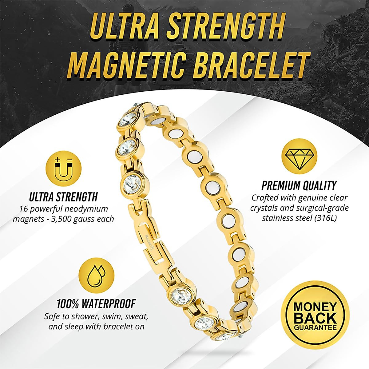 MagnetRX® Women's Magnetic Bracelet – Magnetic Crystal Bracelets for Women – Adjustable Length with Included Sizing Tool (Gold)