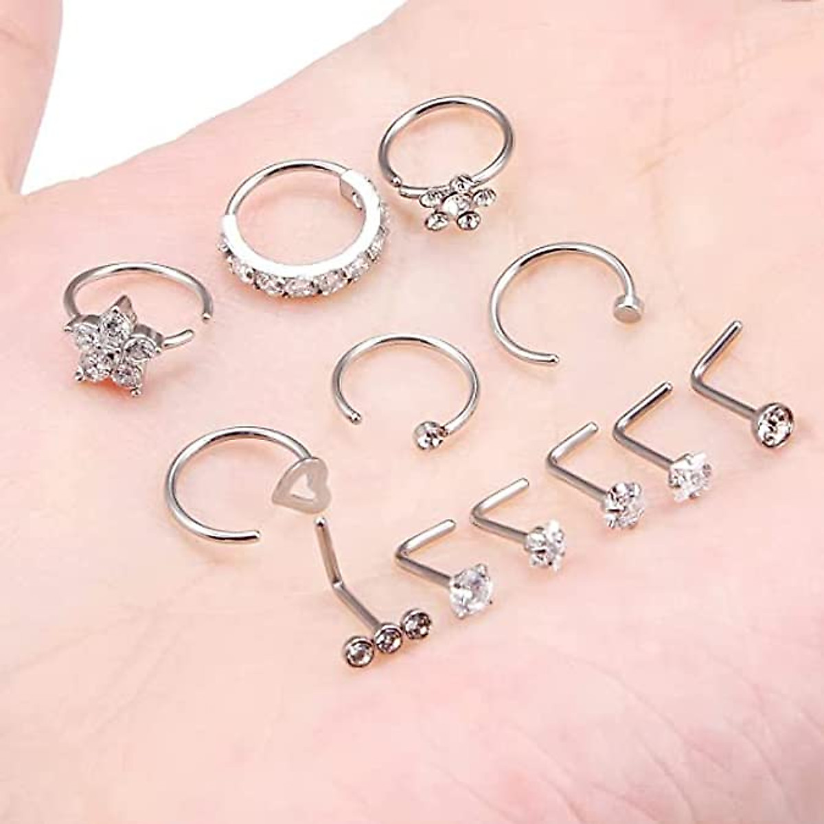 Heienngy 20G Nose Rings Piercing Kit Surgical Stainless Steel Nose Piercing Kit Nose Rings Hoop L Shape Nose Rings Studs 20 Gauge Piercing Needles For Women Men Body Piercing Jewelry Retianer,Silver