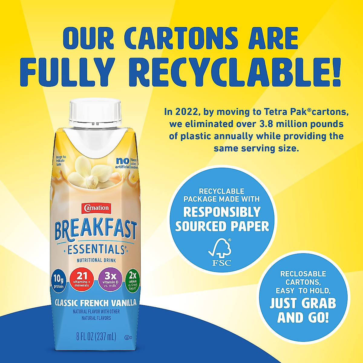 Carnation Breakfast Essentials Complete Nutritional Drink Vanilla 8 oz Bottle 24 Ct