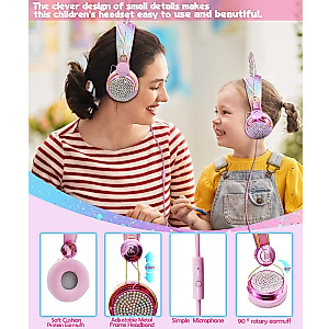 SVYHUOK Girls Pink Unicorn Wired Headphones,Cute Cat Ear Kids Game Headset for Boys Teens Tablet Laptop PC,Over Ear Children Headset withMic,for School Birthday Xmas Gifts