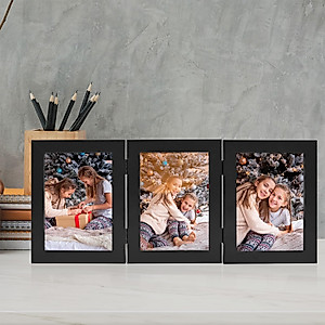 Frametory 5x7 Triple Picture Frames, Trifold Photos Frame Collage, Hinged Picture Frames with Glass Front Tabletop Display (Black, 1 Pack)