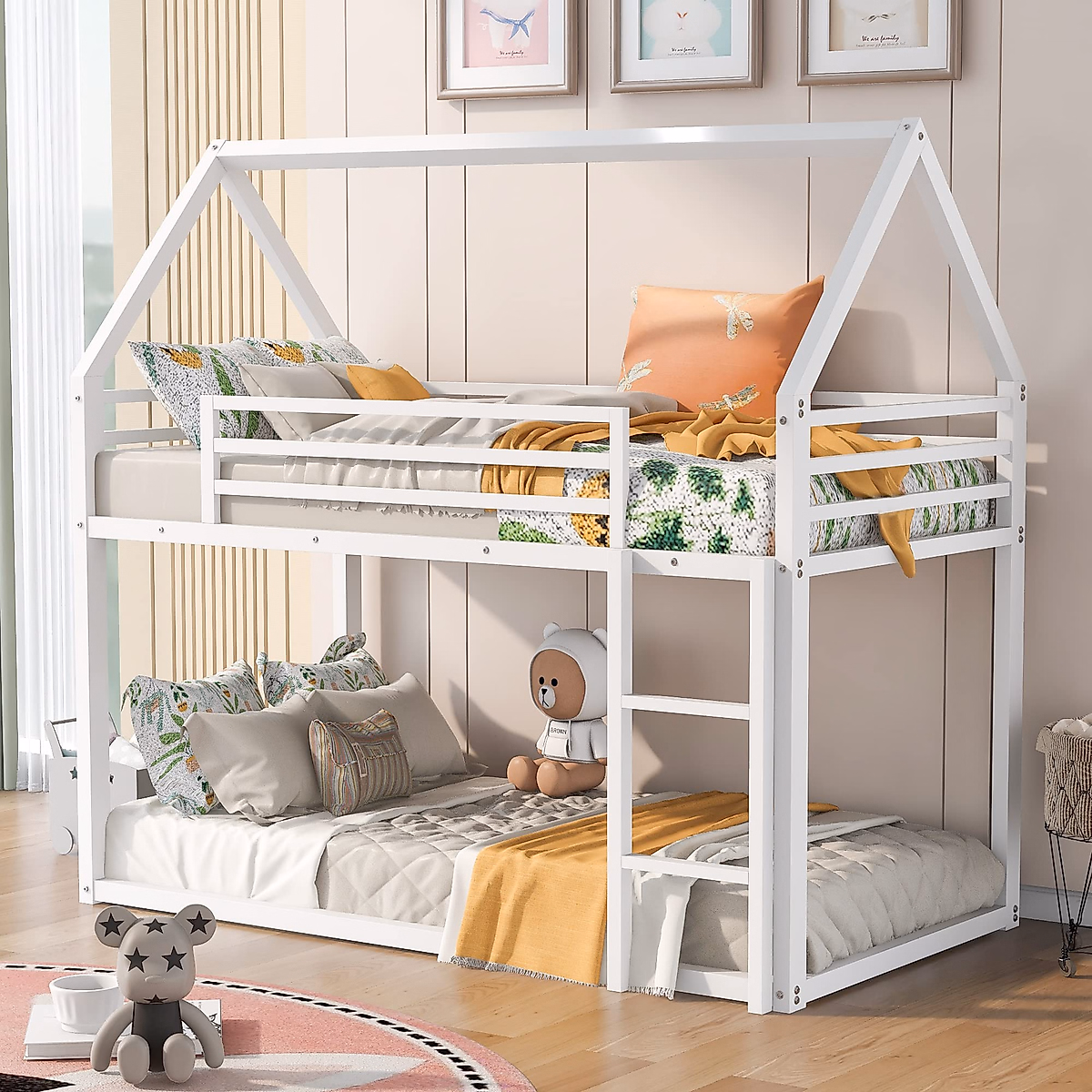 Lifeand Twin over Twin House Bunk Bed with Built-in Ladder,White
