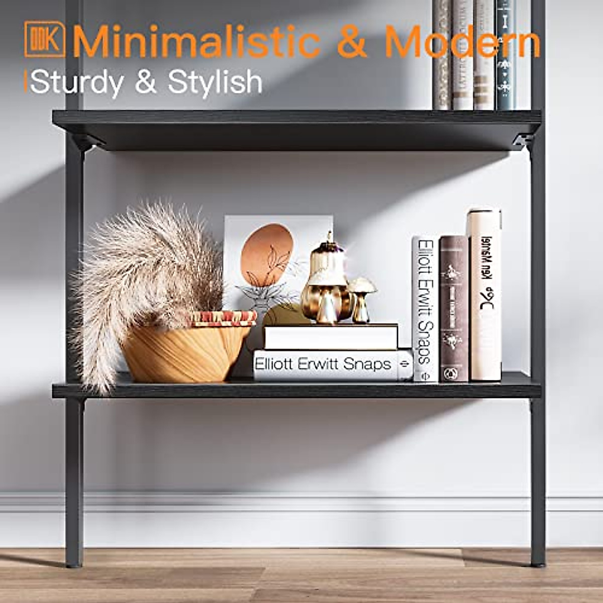 ODK 6-Tier Ladder Shelf, 87 Inches Wall Mounted Ladder Bookshelf with Metal Frame, Open Industrial Shelves for Home Office, Bedroom and Living Room, Black