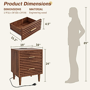 Alohappy Night Stand with Charging Station Set of 2, Bedside Table with 2 Drawers, Mid Century Modern End Table, Bed Side Table with USB Ports and Outlets, Nightstand for Bedroom, Brown 2pcs