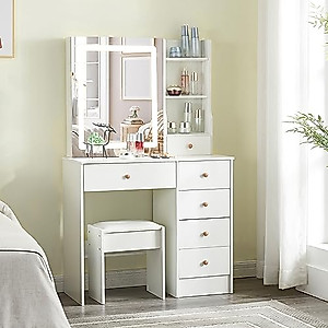JBLCC Large Vanity Desk with Mirror and Lights, Vanity Table Makeup Vanity with Slidable Mirror 5 Drawers and Storage Shelves,Dressing Table Set 3 Lighting Color Adjustable (06LED)