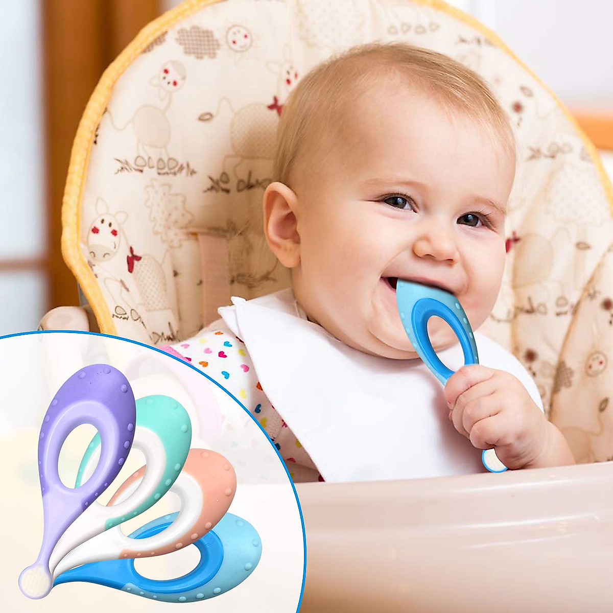 Ecovona Baby Toothbrush & Toddler Toothbrush for Age 0-2 Years Old | Extra Soft Bristle for Baby Teeth & Infant Gums | BPA-Free, Easy-Grip Finger Handle & Teething Pad | Dentist Recommended | 4-Pack
