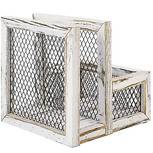 MyGift Whitewashed Solid Wood Farmhouse Napkin Holder with Salt and Pepper Shaker Caddy, Dining Table Napkin and Seasoning Condiment Holder with Metal Mesh Accent