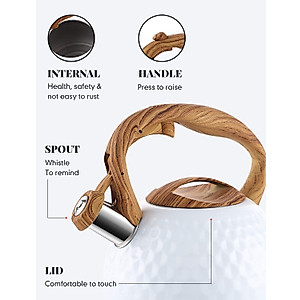 Tea Kettle, 2.7 Quart / 3 Liter BELANKO Stainless Steel Tea Kettles for Stove Top, Food Grade Teapot with Wood Pattern Handle Loud Whistling for Coffee, Milk etc, Gas Electric Applicable - Gloss White