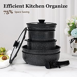 SODAY 15Pcs Pots and Pans Set Non Stick, Cookware Sets with Detachable Handle, Nonstick RV Kitchen Cooking Set Removable Handles, Oven Safe, Induction Fast, Stackable Non-stick Set, Black
