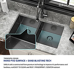 33 Black Kitchen Sink Double Bowl - Sarlai 33 inch Undermount Sink Stainless Steel 16 Gauge Gunmetal Black Double Bowl 50/50 Divide Under Counter Kitchen Sink Basin