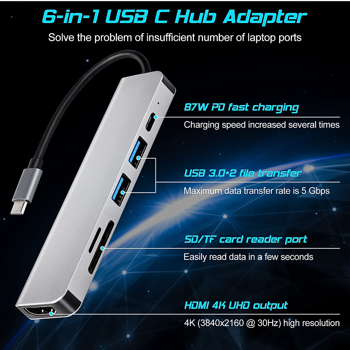 UrbanX USB C Hub 6 in 1 Dongle USB-C to HDMI Multiport Adapter with 4K HDMI Output 3 USB 3.0 Ports SD/TF Card Reader Compatible for LG K52 and Many More Type C Devices