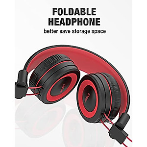 Eposy Kids Headphones, E10 Wired Headphones for Kids Foldable Stereo Bass Headphones with Adjustable Headband, Tangle-Free 3.5 mm Jack for School, On-Ear Headset for Boys Girls Cellphones(Black/Red)