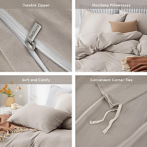 Bedsure Queen Prewashed Microfiber Duvet Cover Set + Tannish Linen 100% Jersey Knit Cotton Duvet Cover Set, Zipper Closure, Queen Size