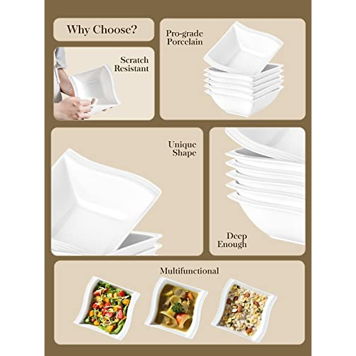 MALACASA Cereal Bowls Set of 6, 15oz Soup Bowls, Porcelain Ice Cream Bowls, White Bowls for Kitchen, Square Serving Bowls for Salads Fruits Pasta Dessert Side Dish, 5.3", Microwave Safe, Series Flora
