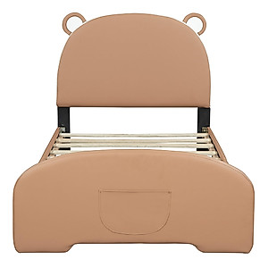 Cute Twin Size PU Leather Upholstered Platform Bed with Bear-Shaped Headboard and Footboard for Kids Boys Girls (Twin, Brown+White@Bear-Shaped)