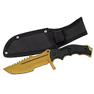 Szco Supplies 8.5” Gold/Black Full Tang Fixed Blade Saw Back Tracker Survivor Knife with Sheath, (211548-GD)