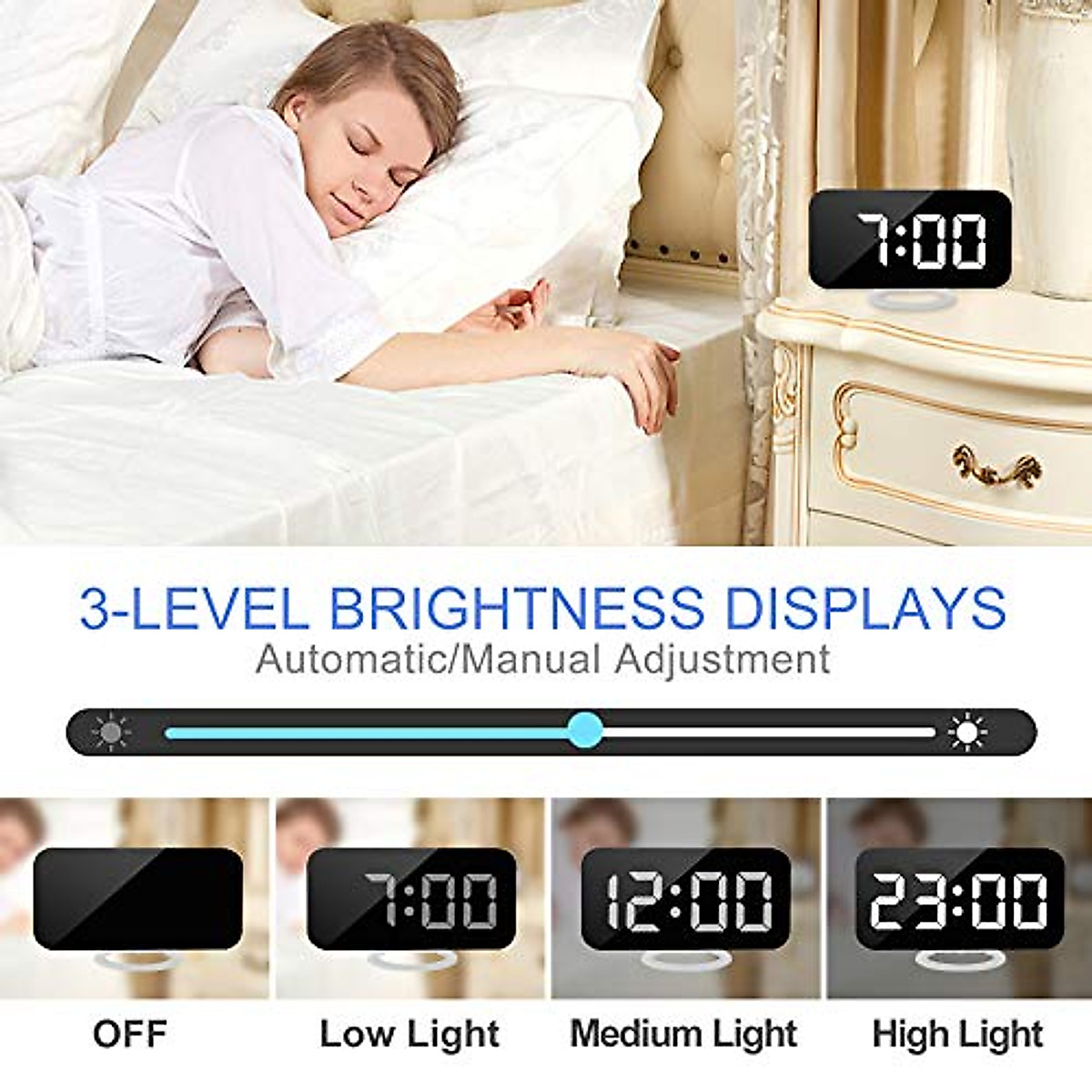Digital Alarm Clock,7" LED Mirror Electronic Clocks,with 2 USB Charging Ports,Snooze Mode,Auto Adjust Brightness,Modern Desk Wall Clocks for Bedrooms Living Room Office - White