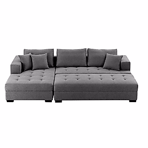 FANYHOME 111'' Tufted Fabric 3-Seat L-Shape Sectional Sofa Couch Set w/Chaise Lounge, Ottoman Coffee Table Bench for Living, Family & Game Rooms (Dark Grey), Light Gre