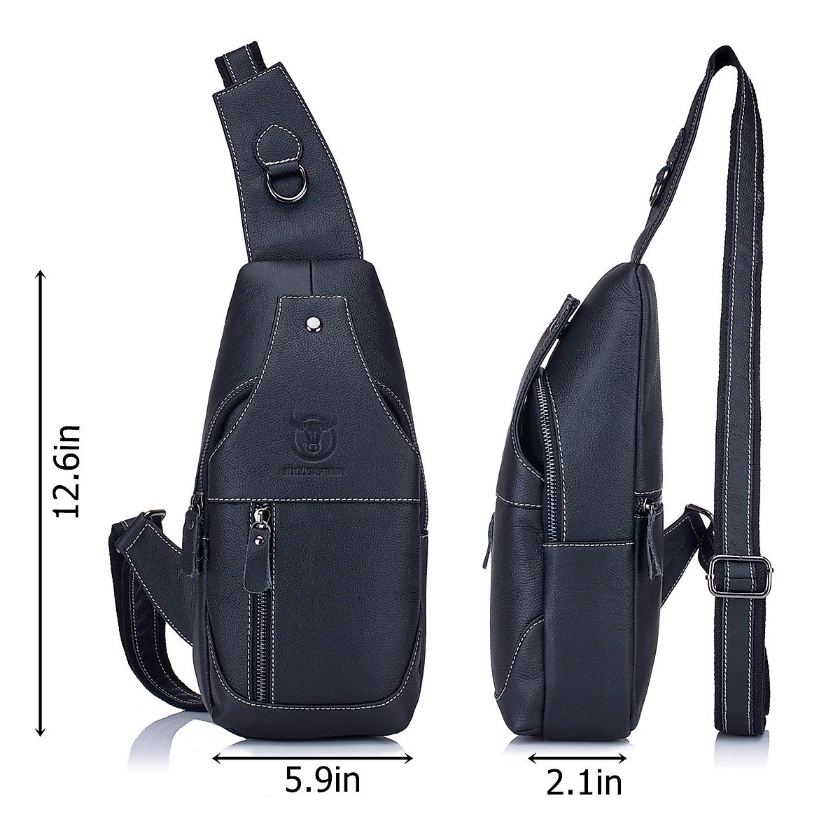BULLCAPTAIN Genuine Leather Men Sling Crossbody Bag Multi-pocket Chest Bag Casual Travel Hiking Sling Backpack with Earphone Hole (Black)