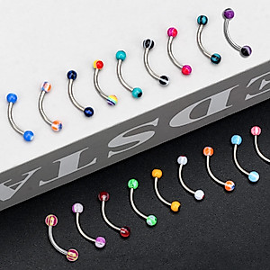 CrazyPiercing Colorful Acrylic Ball Stainless Steel Curved Bar Eyebrow Rings Tragus Piercing, 50Pcs, 16G (Stainless Steel Bar)