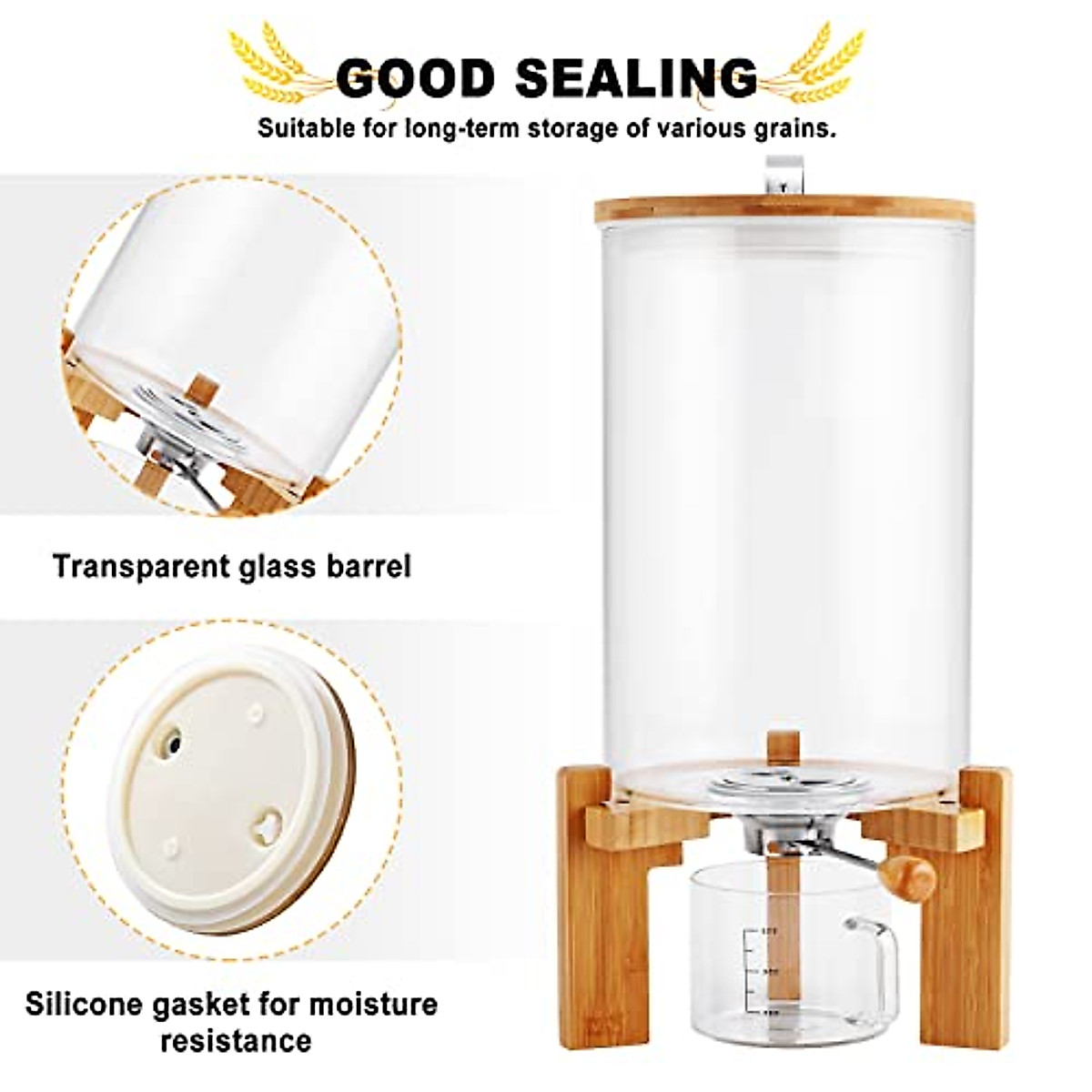 JIAWANSHUN Rice Dispenser Rice Container 7.5L Grain Storage with Clear Container Wood Stand for Home Kitchen Use Black Rice, Mung Beans, Red Beans, Lentils Container