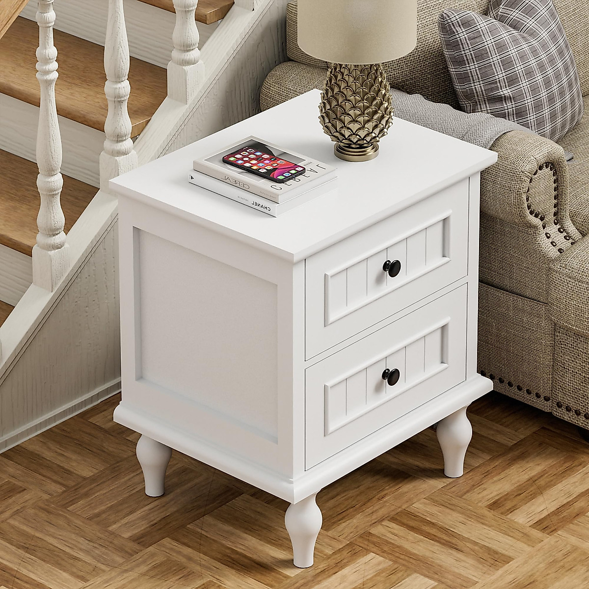 Scurrty Nightstand, Antique Style End Table with 2 Drawers, Taller Nightstand for Bedroom, Side Table for Bedroom (White, Single)