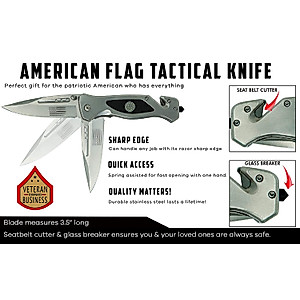 Military Gift Shop American Flag Folding Knife | Tactical Elite Knife | Stainless Steel Pocket Knife | USA Rescue Knife with 3.5 Inch Blade | Flag Knife Silver