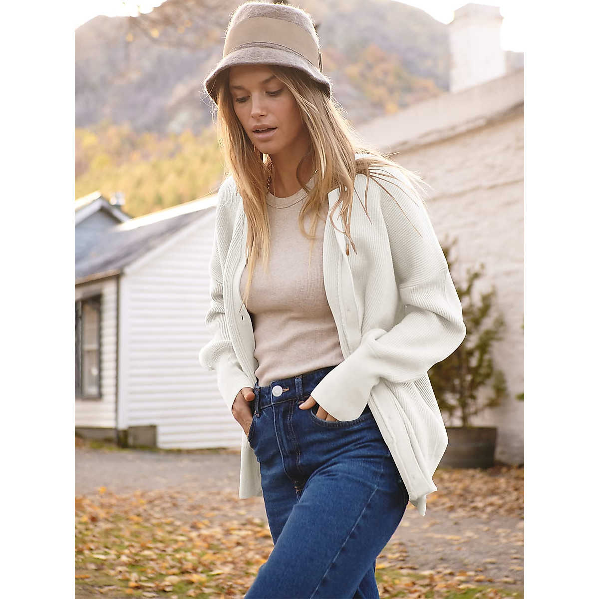 ANRABESS Women's Cardigan 2024 Trendy Open Front Oversized Button Lightweight Sweaters Loose Knit Cardigans Fall Outfits White Small