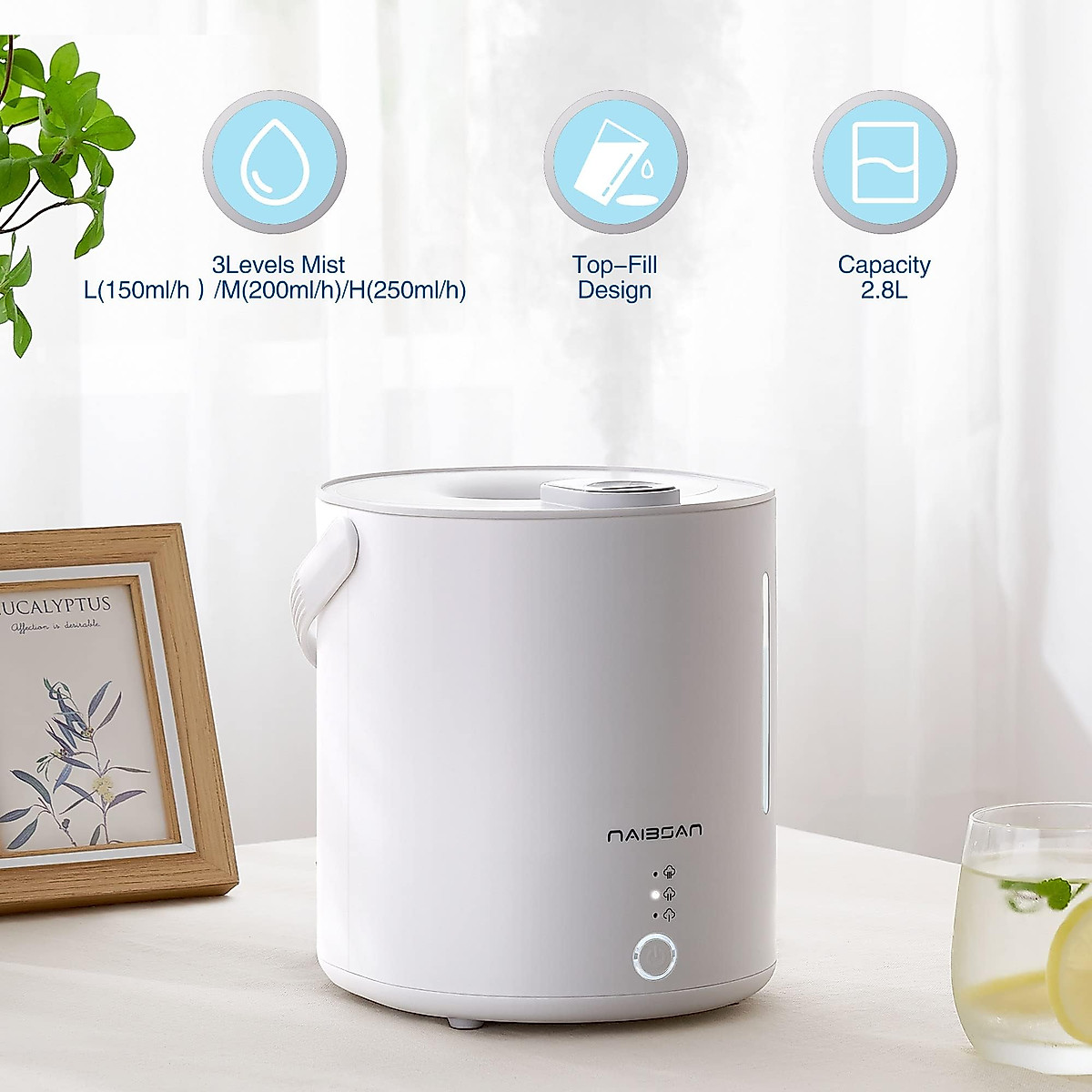 Naibsan Humidifiers for Bedroom, 2.8L Top Fill Cool Mist Humidifiers for Large Room, Quiet Ultrasonic Humidifiers with Essential Oil for Baby Nursery and Plant, Auto Shut-off & BPA-Free