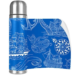 Stainless Steel Leather Vacuum Insulated Mug Navigation Thermos Water Bottle for Hot and Cold Drinks Kids Adults 16 Oz