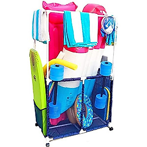 Essentially Yours Pool Equipment Holder with Towel Drying Bars, Mesh Rolling Pool Storage Organizer Bin, Extra Large with Towel Hanger, (34.5" W x 25" L x 62.6" H), Blue/White Style 418566
