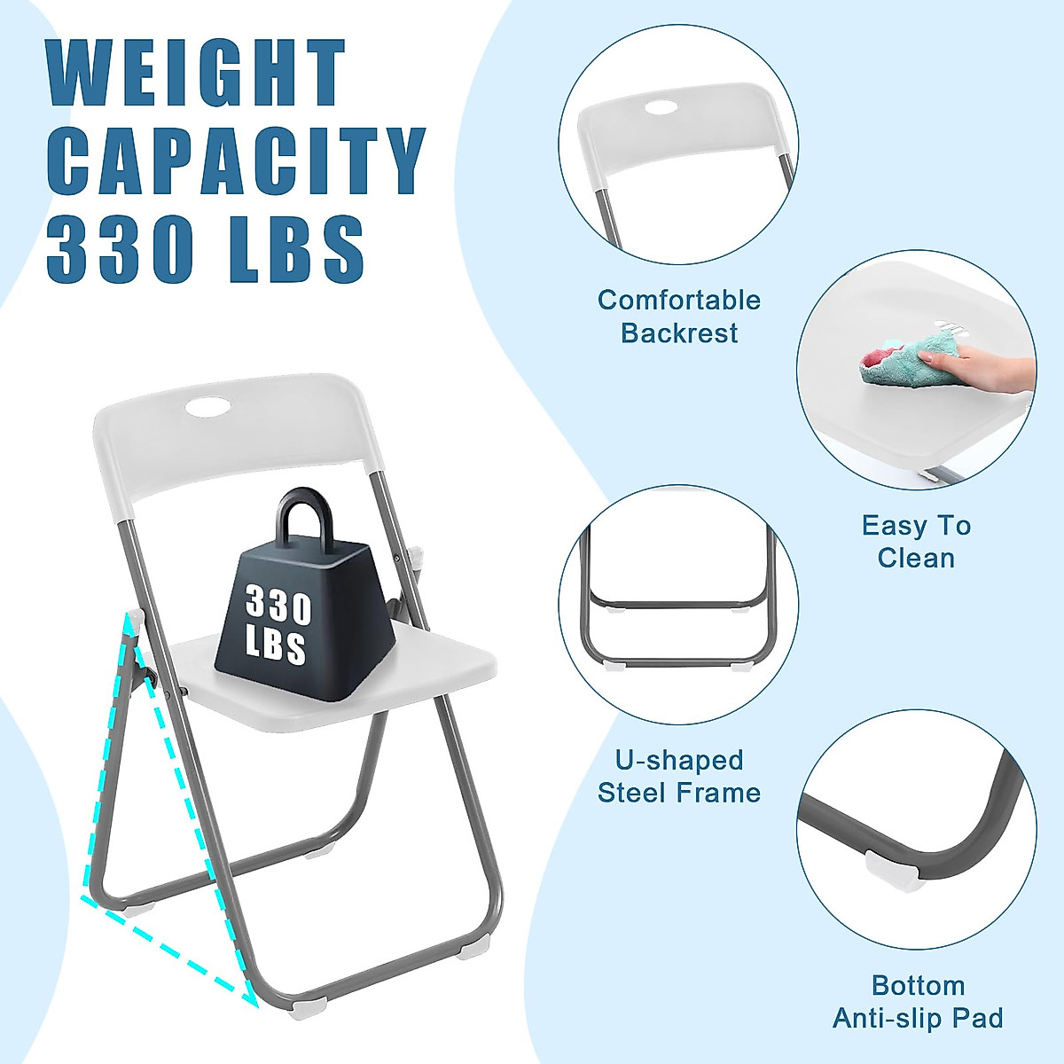 Kigley 12 Pack Folding Plastic Chair with 330lb Capacity Stackable Folding Chair Portable Metal Foldable Chair Fold up Event Chairs for Wedding Party Office Dining Supplies Indoor Outdoor (White)